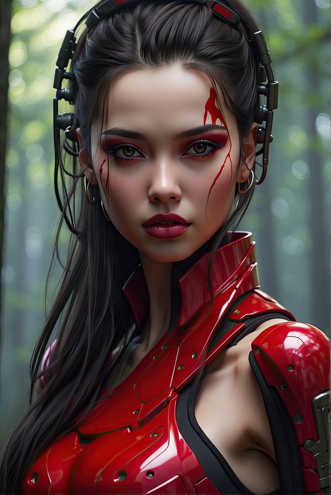 A beautiful woman in red is posing in the woods- Foto & Bild | ki - menschen, ki-generierte ...