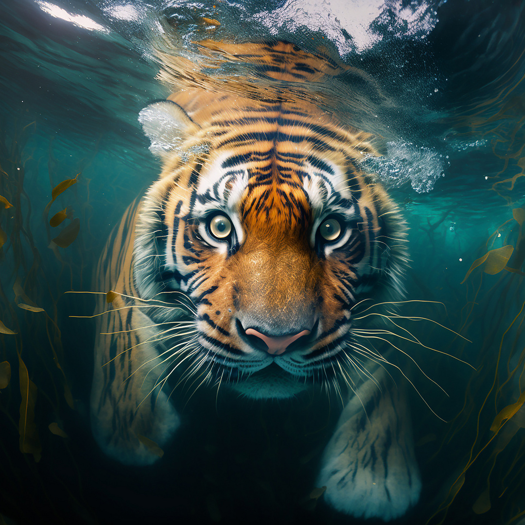 Bengal Tiger Swimming Underwater