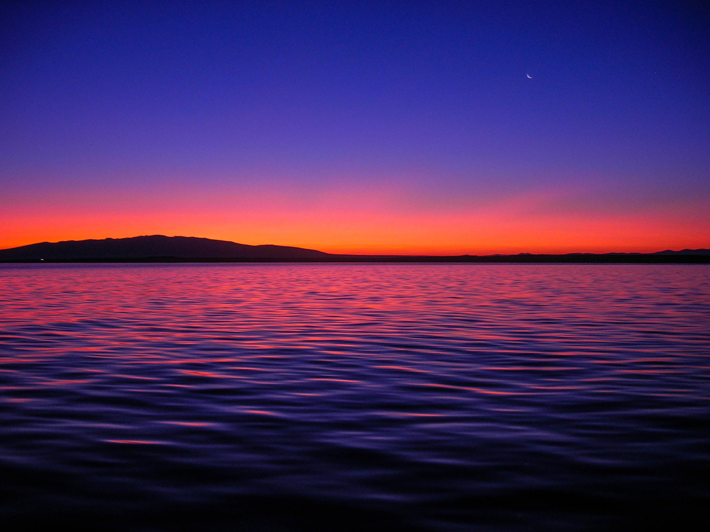 Alba con riflesso viola sul mare e luna crescente in cielo Foto ...