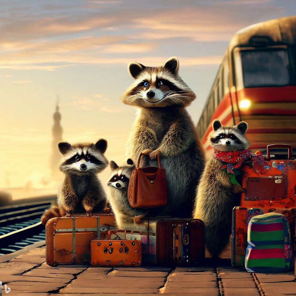 "Auf dem Bahnsteig mit unseren Koffern. Foto & Bild | ki - montagen, familie waschbär, spezial ...