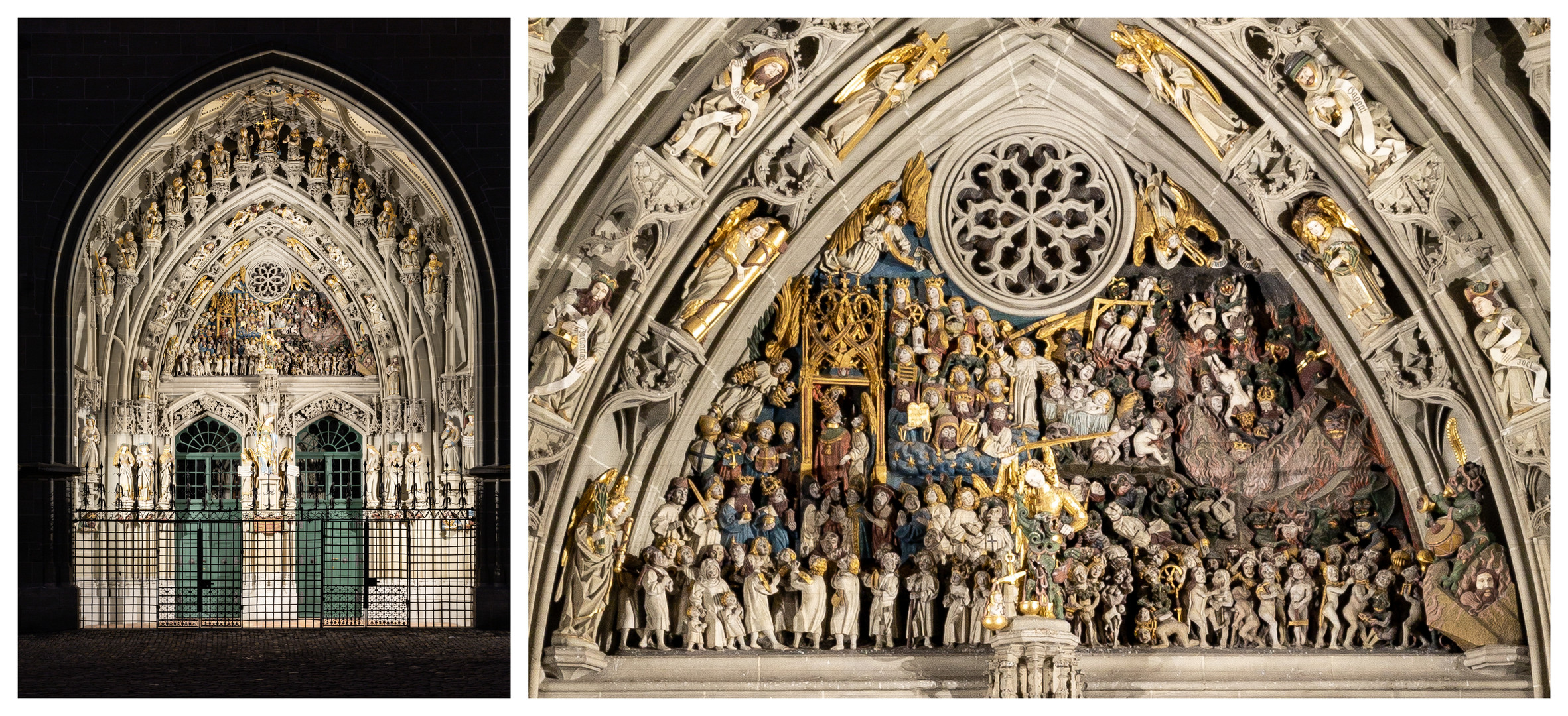 Hauptportal des Berner Münsters frühmorgens: Das Jüngste Gericht Foto ...