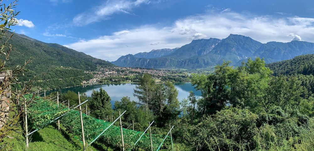 Panorama von der Levico Terme mit dem Lago di Levico und dem Weinberg ...