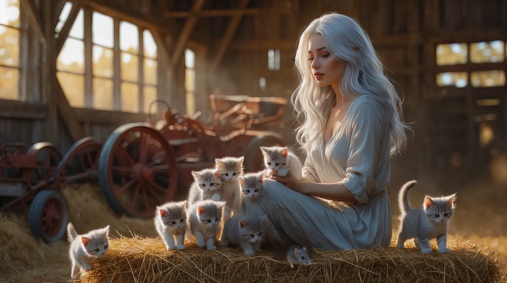 Simone mit ihren Katzenkinder - KI - Foto & Bild | ki - menschen, ki ...